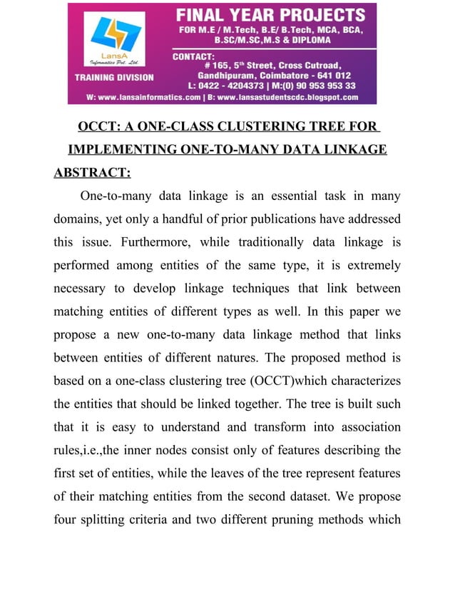 Occt A One Class Clustering Tree For Implementing One To Man Data Linkage Pdf
