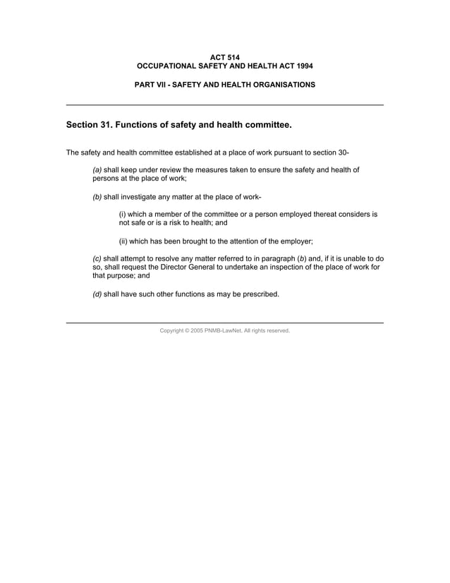 Occupational Safety And Health Act 1994 Malaysia | PDF