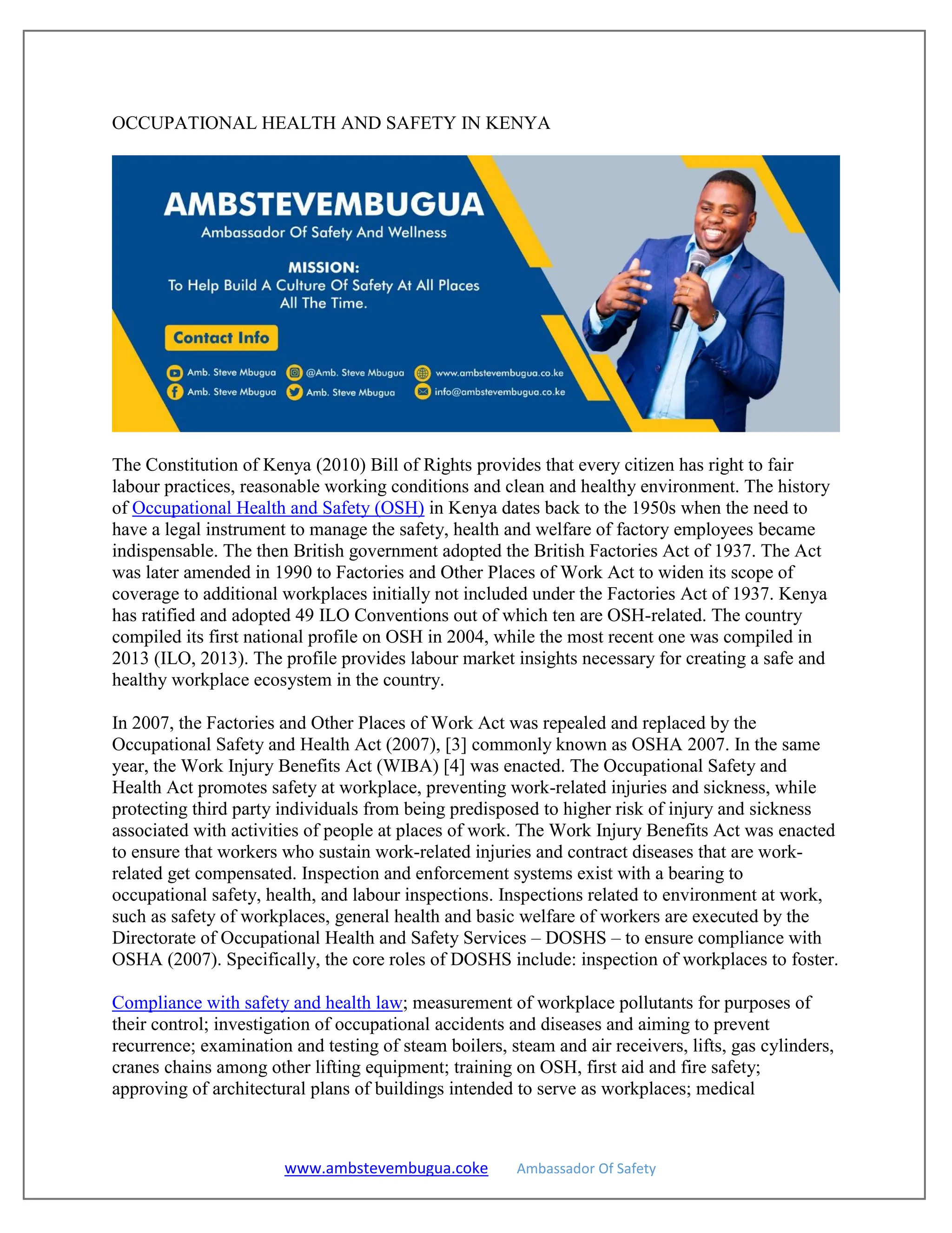 OCCUPATIONAL HEALTH AND SAFETY IN KENYA.pdf | Injuries | Diseases and ...