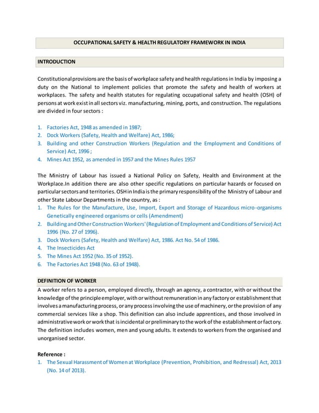 Occupational safety & health regulatory framework in india | DOCX | Business | Business and Finance