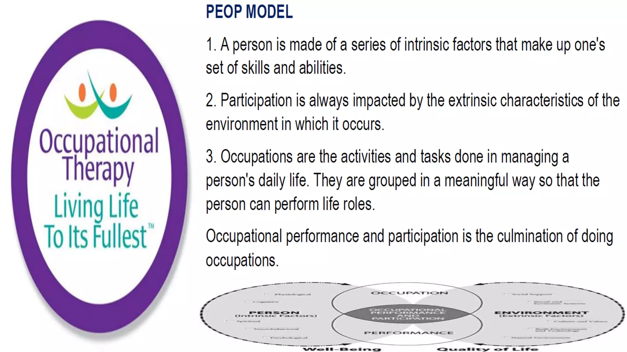 Occupational Therapy Model part 1 Compare and Contrast CMOP, PEO, PEOP ...