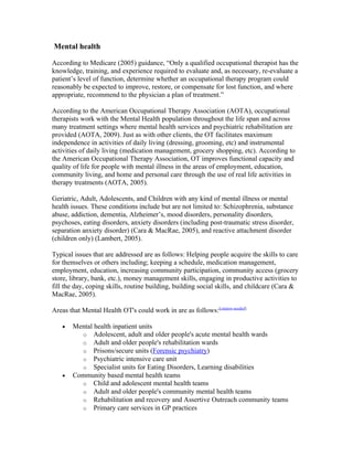 Occupational Therpy | DOC | Mental Health | Diseases and Conditions