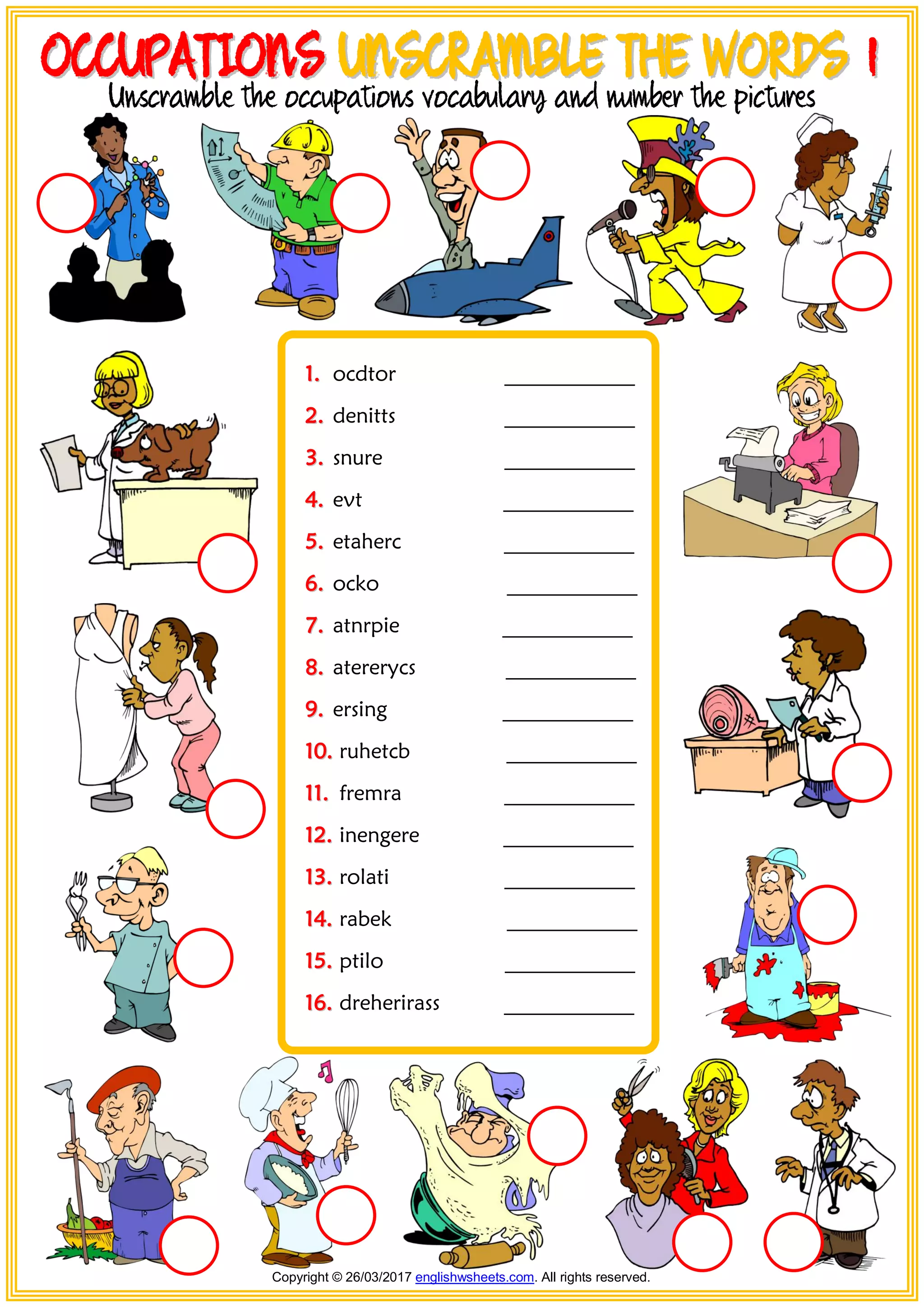 Occupations vocabulary esl unscramble the words worksheets for kids | PDF