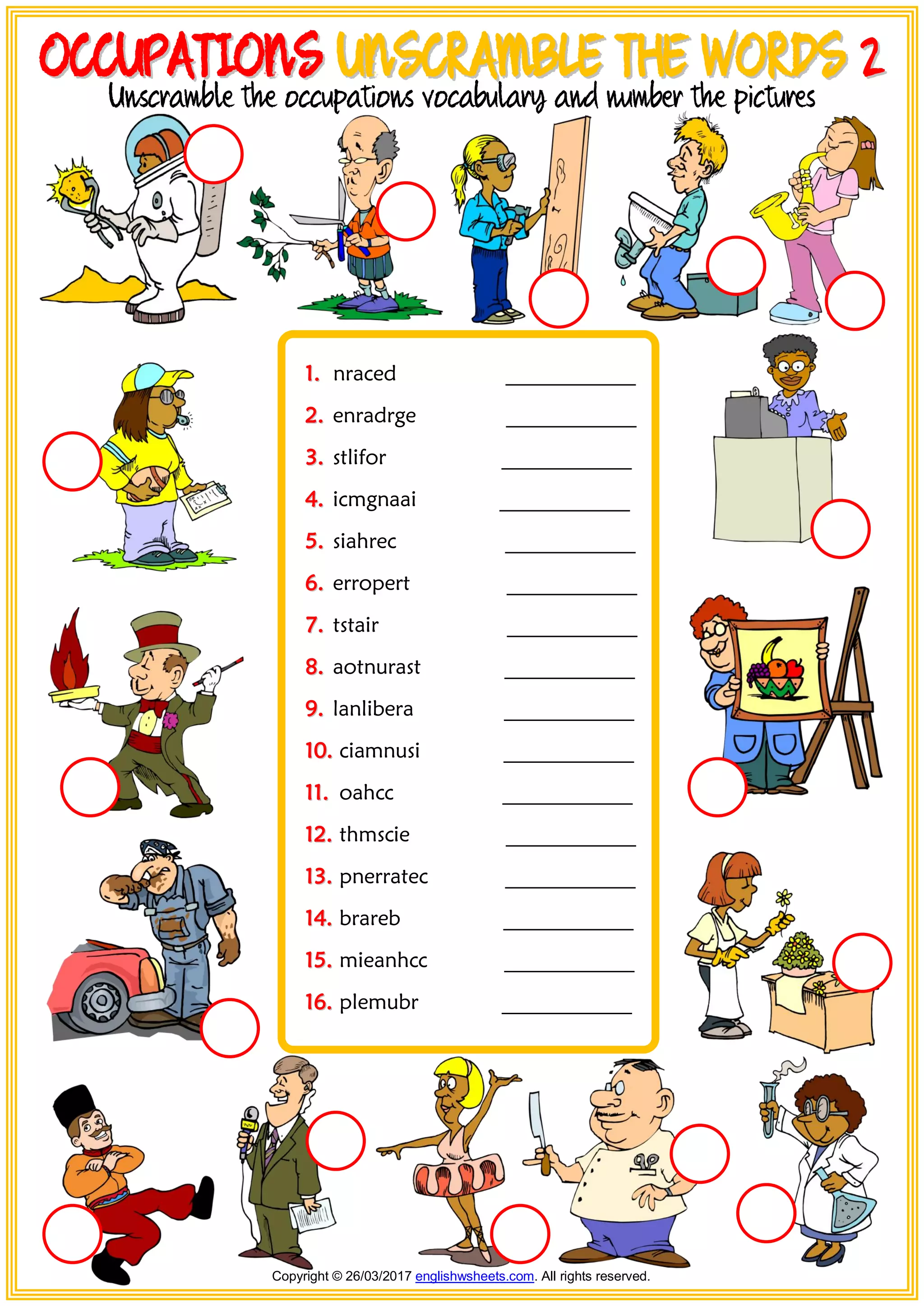 Occupations vocabulary esl unscramble the words worksheets for kids | PDF
