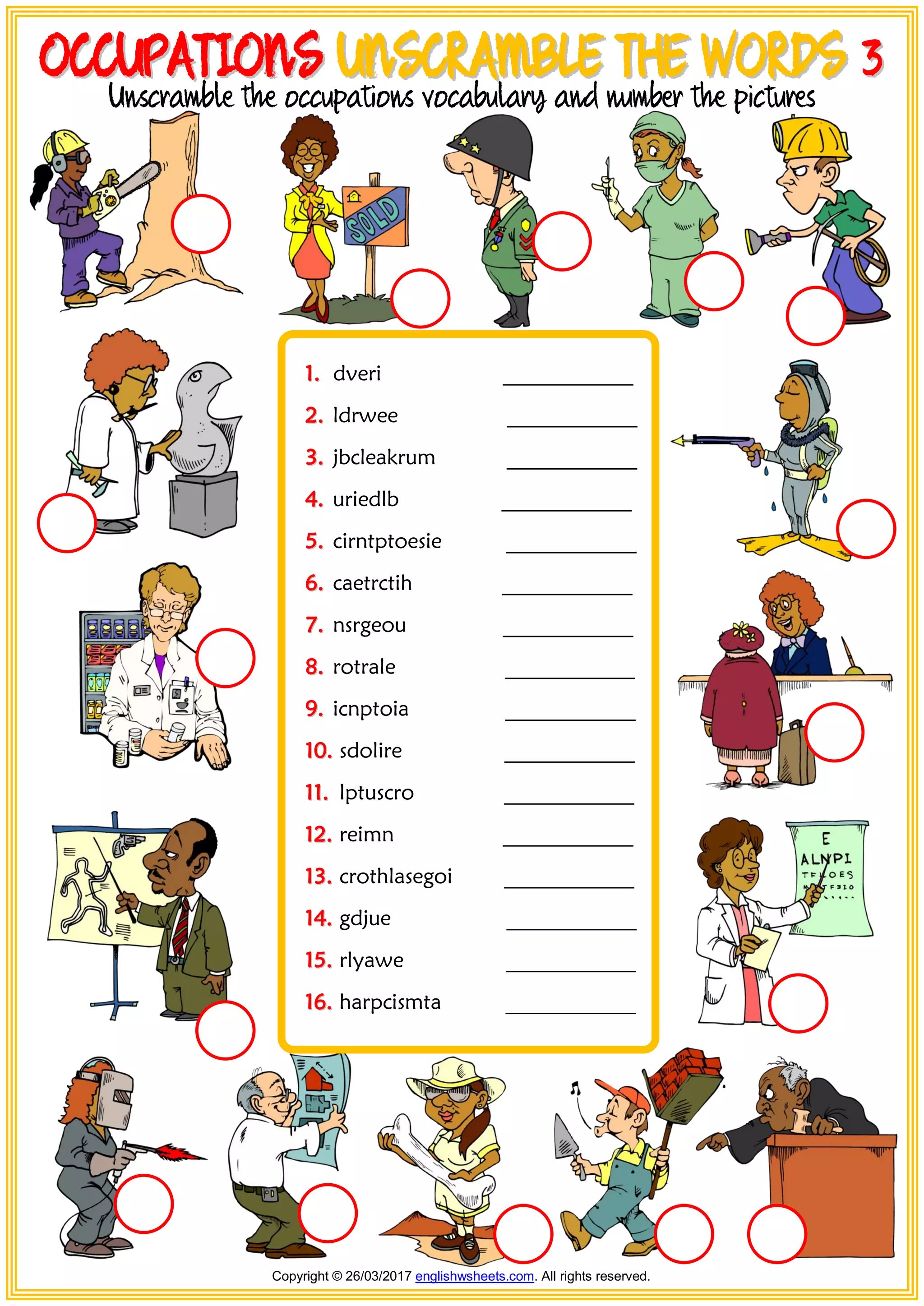 Occupations vocabulary esl unscramble the words worksheets for kids | PDF