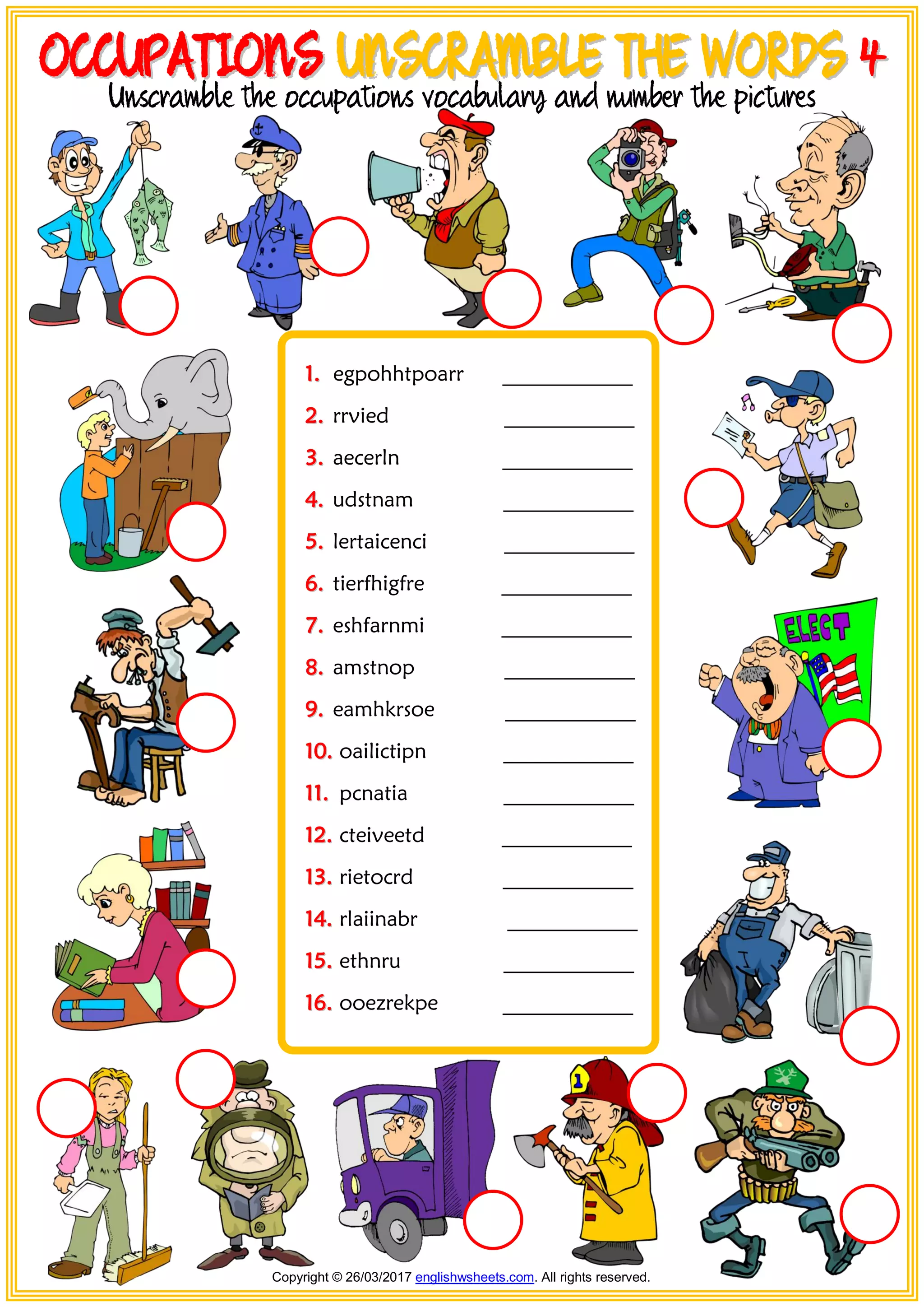 Occupations vocabulary esl unscramble the words worksheets for kids | PDF