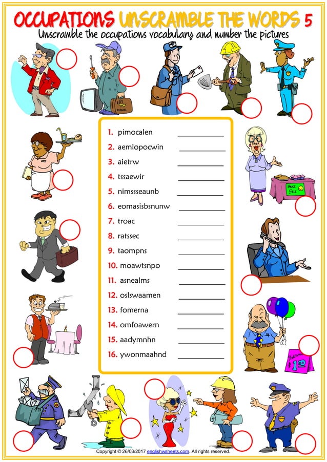 Occupations vocabulary esl unscramble the words worksheets for kids ...