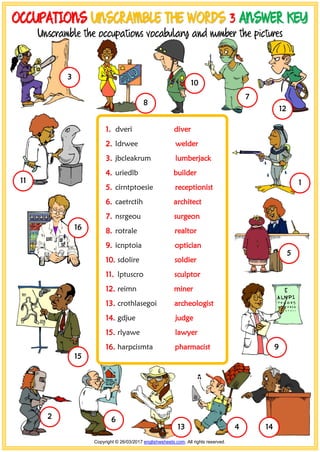 Occupations vocabulary esl unscramble the words worksheets for kids | PDF