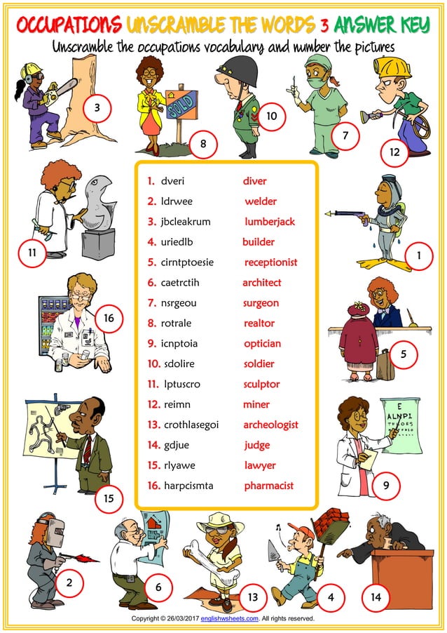 Occupations vocabulary esl unscramble the words worksheets for kids ...