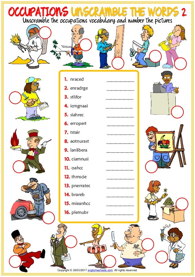 Occupations vocabulary esl unscramble the words worksheets for kids