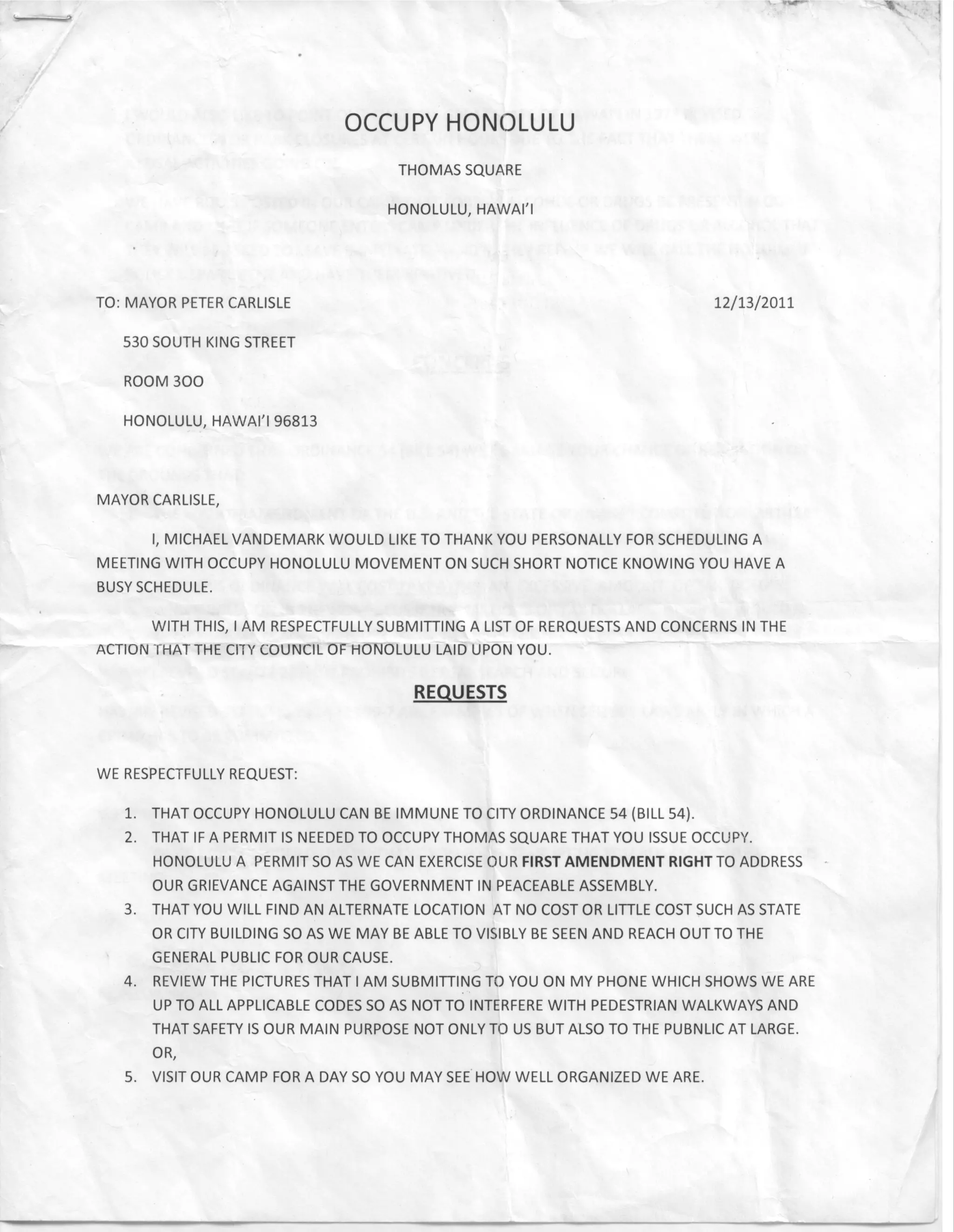 Occupy Honolulu letter to Mayor, Dec. 13 | PDF