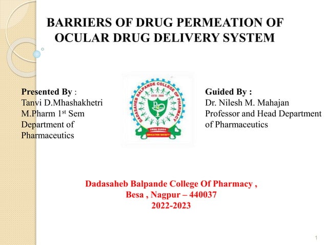 BARRIERS OF DRUG PERMEATION OF OCCULAR DRUG DELIVERY SYSTEM | PPTX