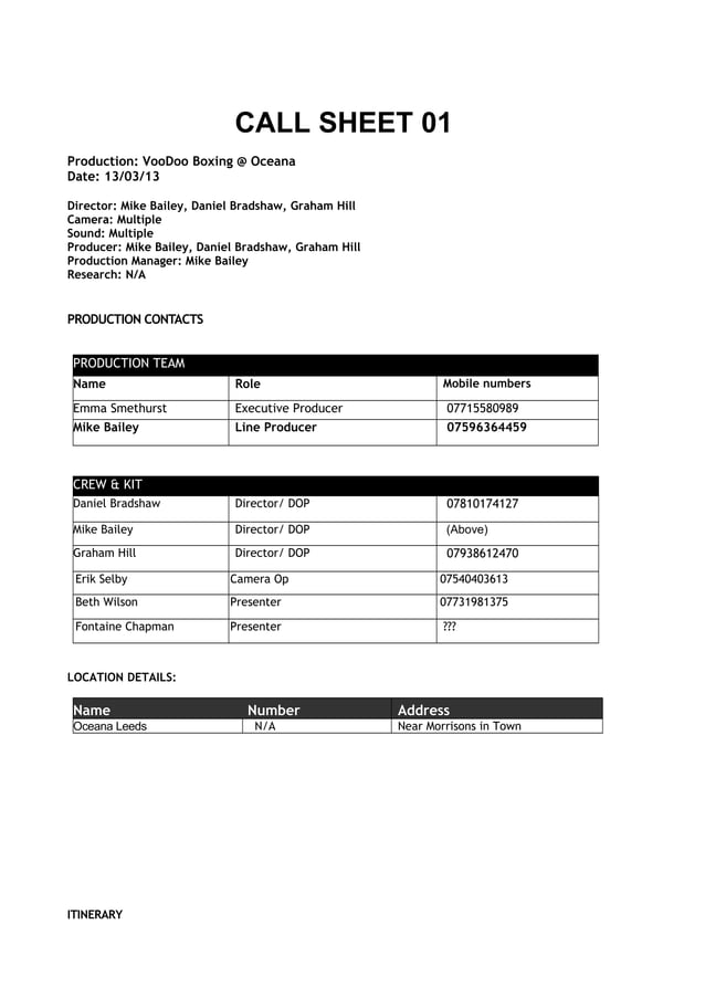 Oceana boxing call sheet | PDF