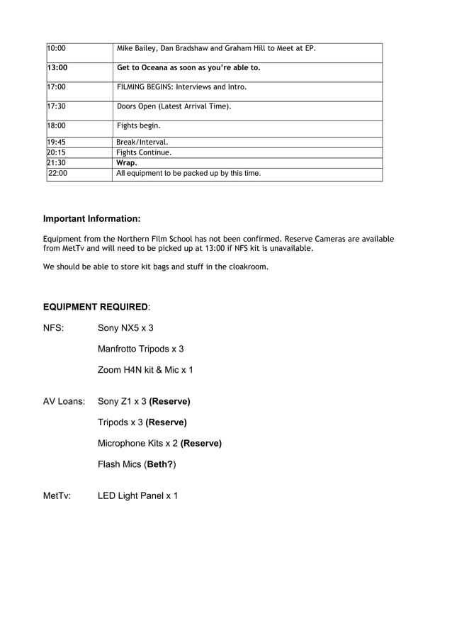 Oceana boxing call sheet | PDF