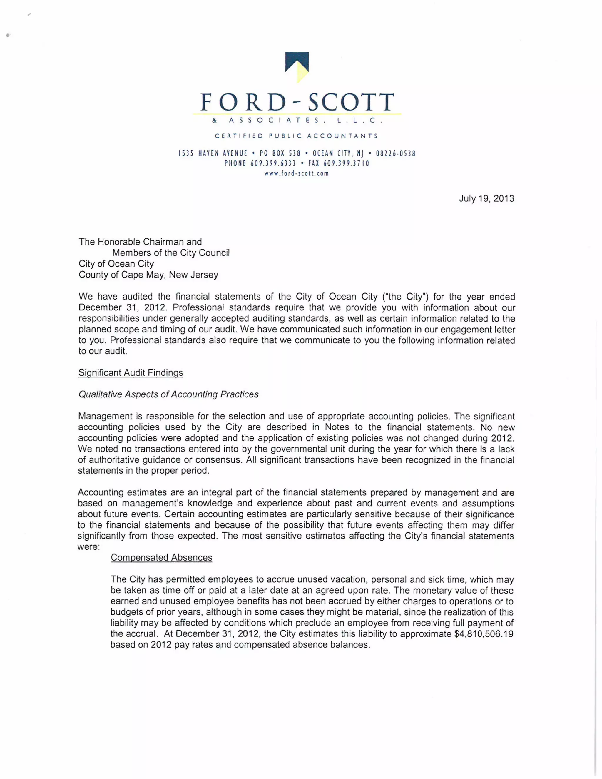 Ocean City 2012 audit management letter | PDF
