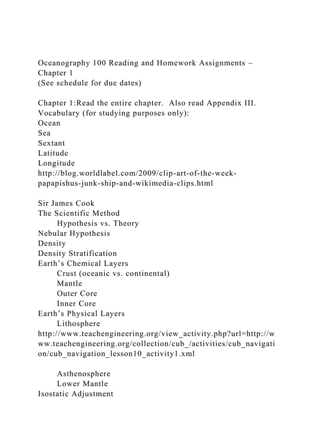 Oceanography 100 Reading and Homework Assignments – Chapter 1(Se.docx