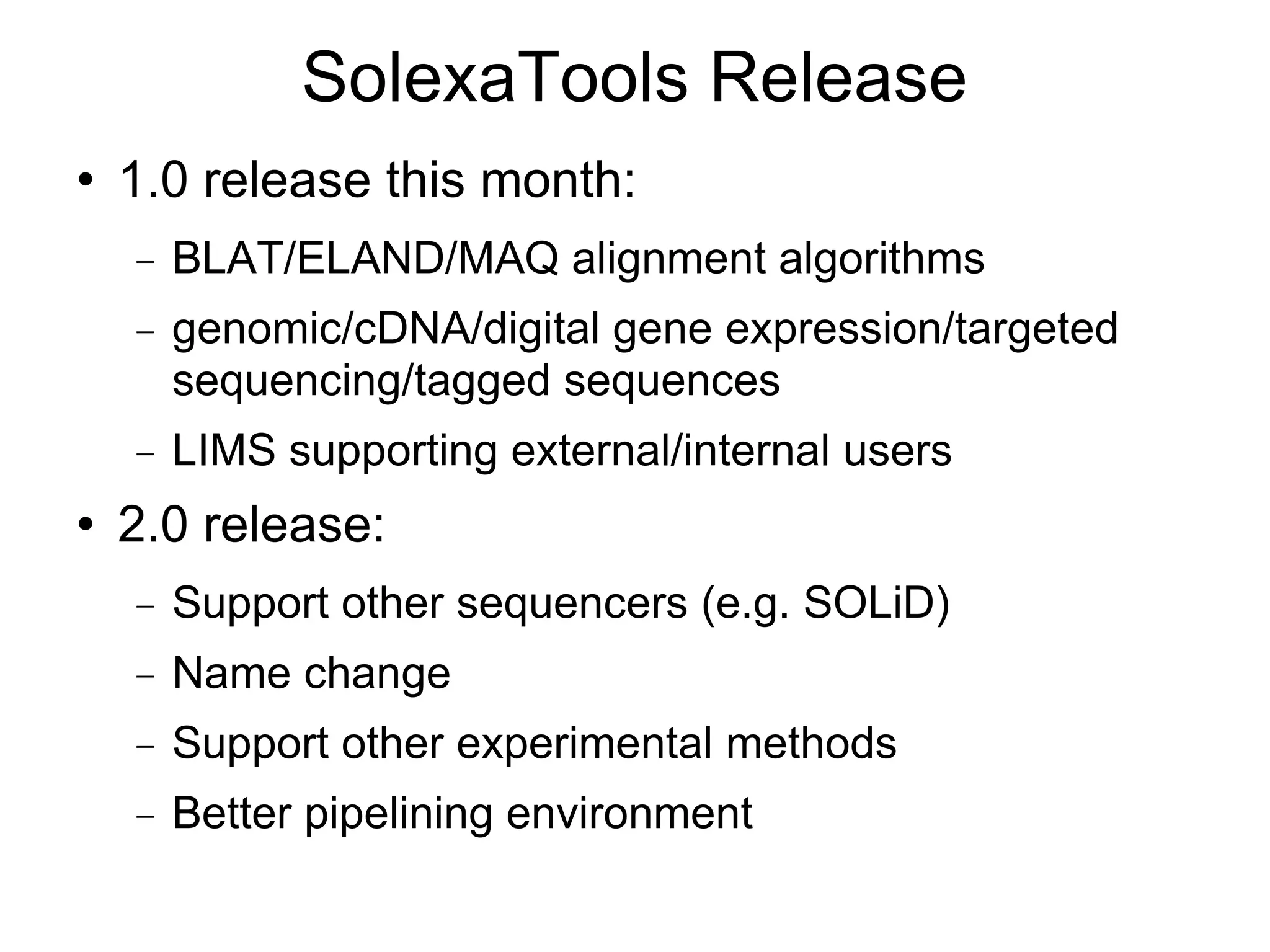 O Connor Solexa Tools Bosc2008 | PPT