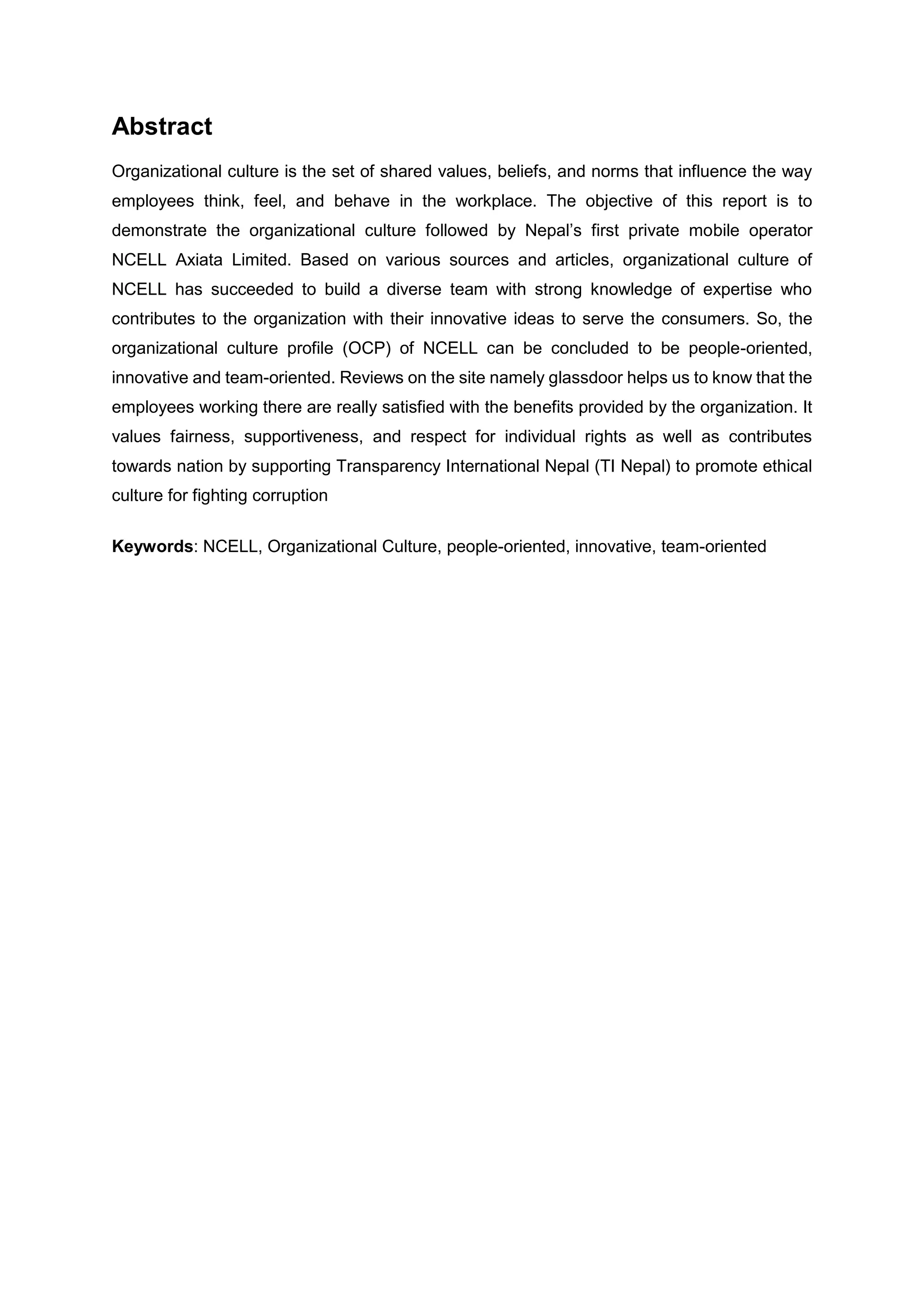 A Report on Organizational Culture of NCELL | PDF