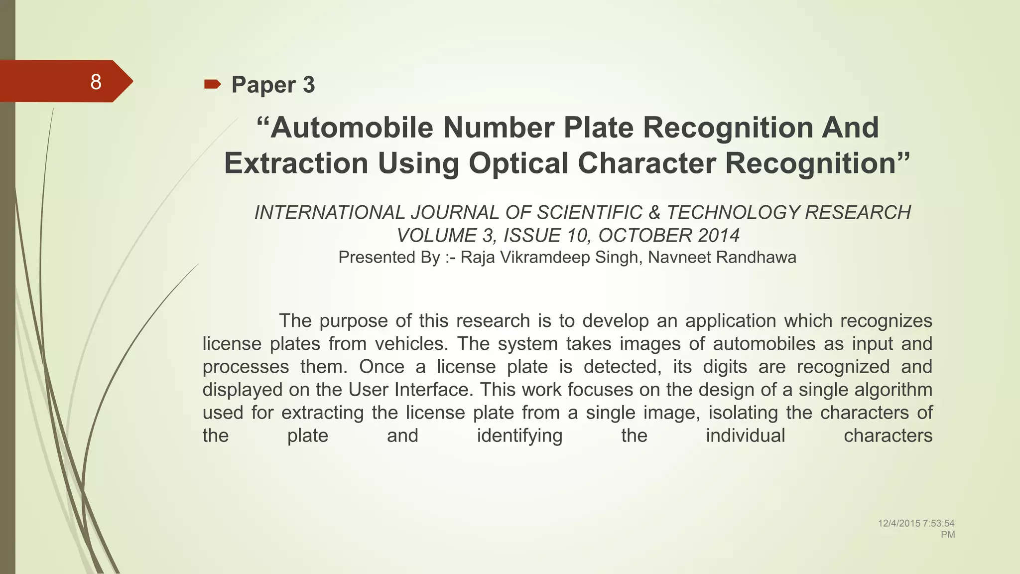 MATLAB Based Vehicle Number Plate Identification System using OCR | PPTX