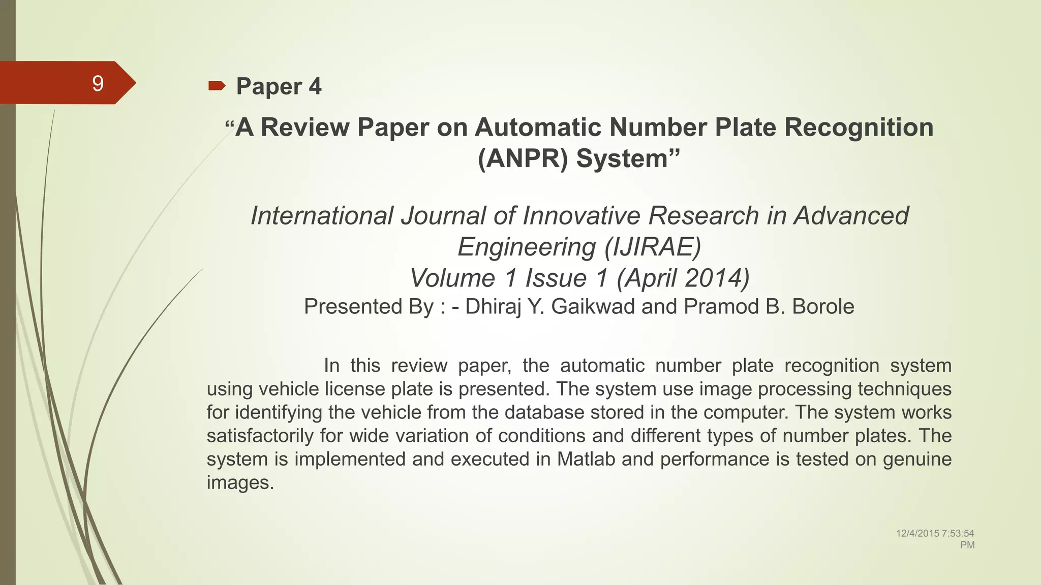 MATLAB Based Vehicle Number Plate Identification System using OCR | PPTX