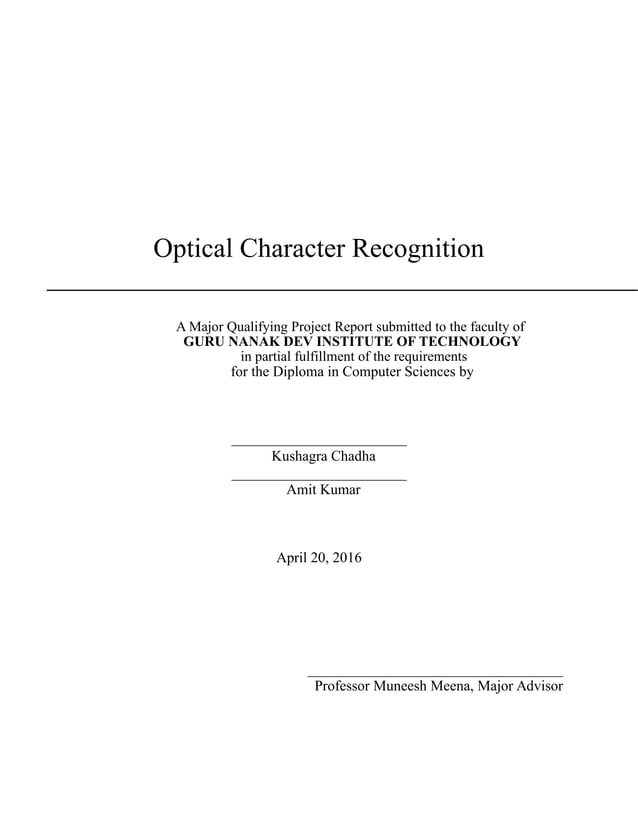 Optical Character Reader Project Report Btech Pdf