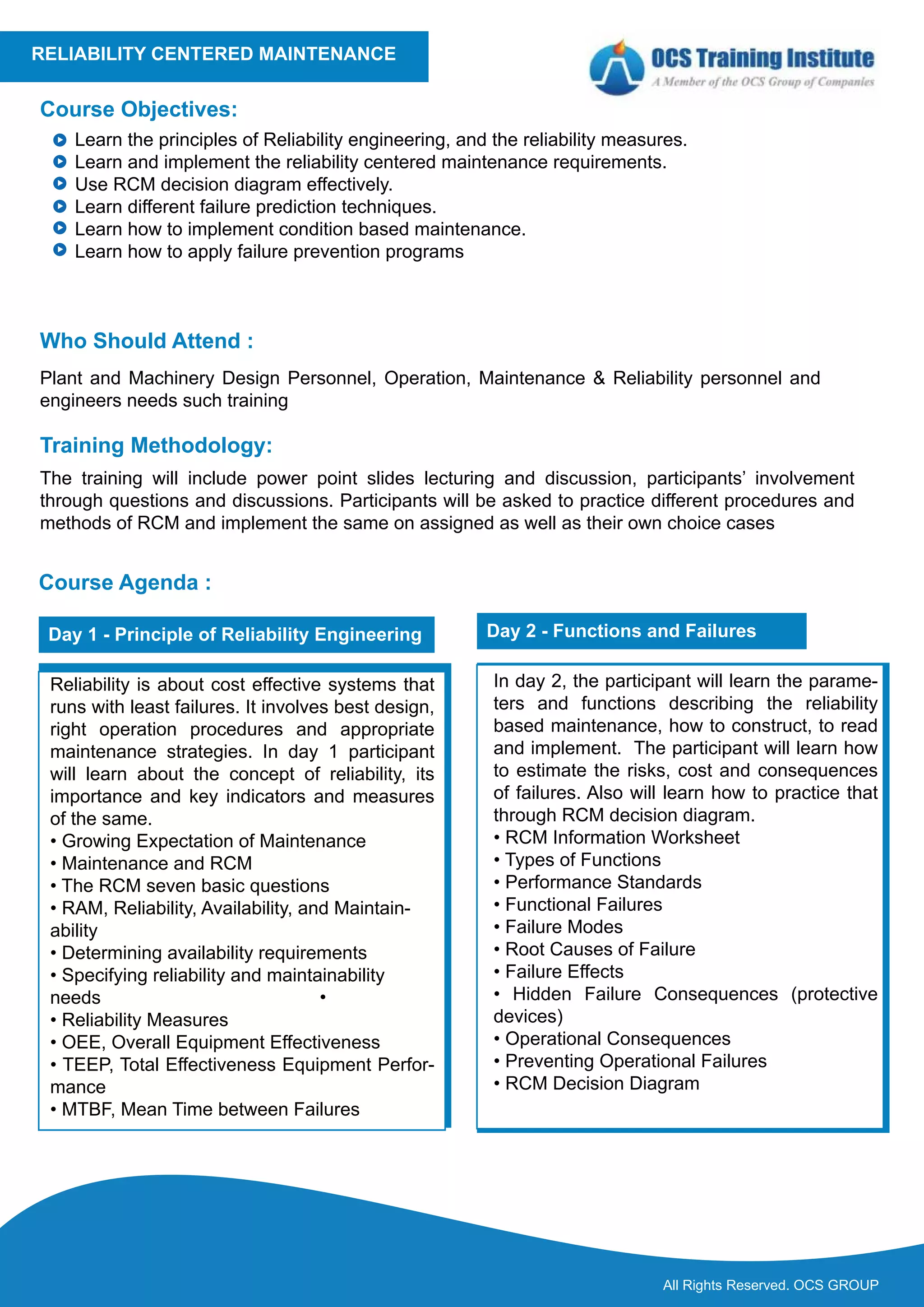 OCS Training - Reliability Centered Maintenance - 5 Days Course | PDF