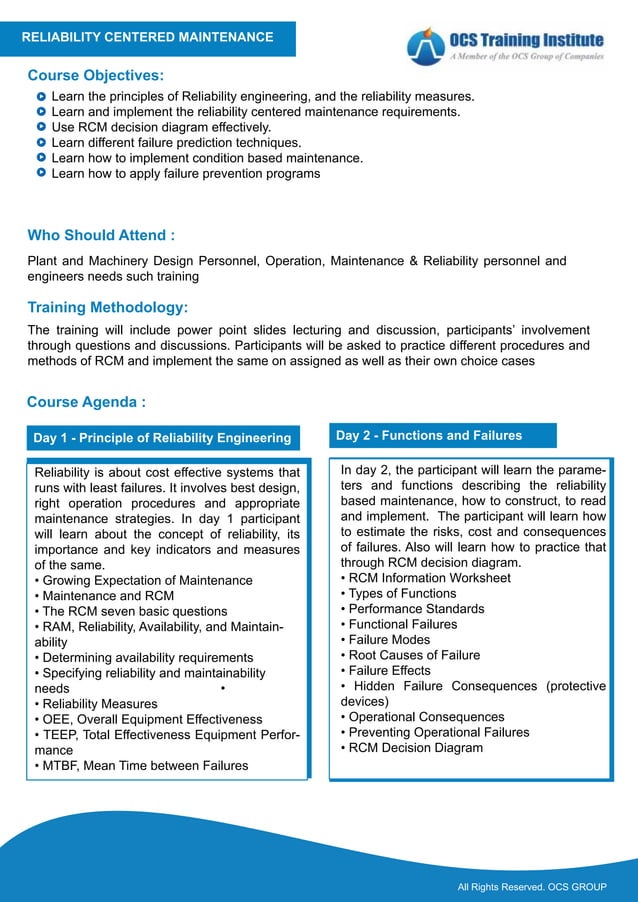 OCS Training - Reliability Centered Maintenance - 5 Days Course | PDF