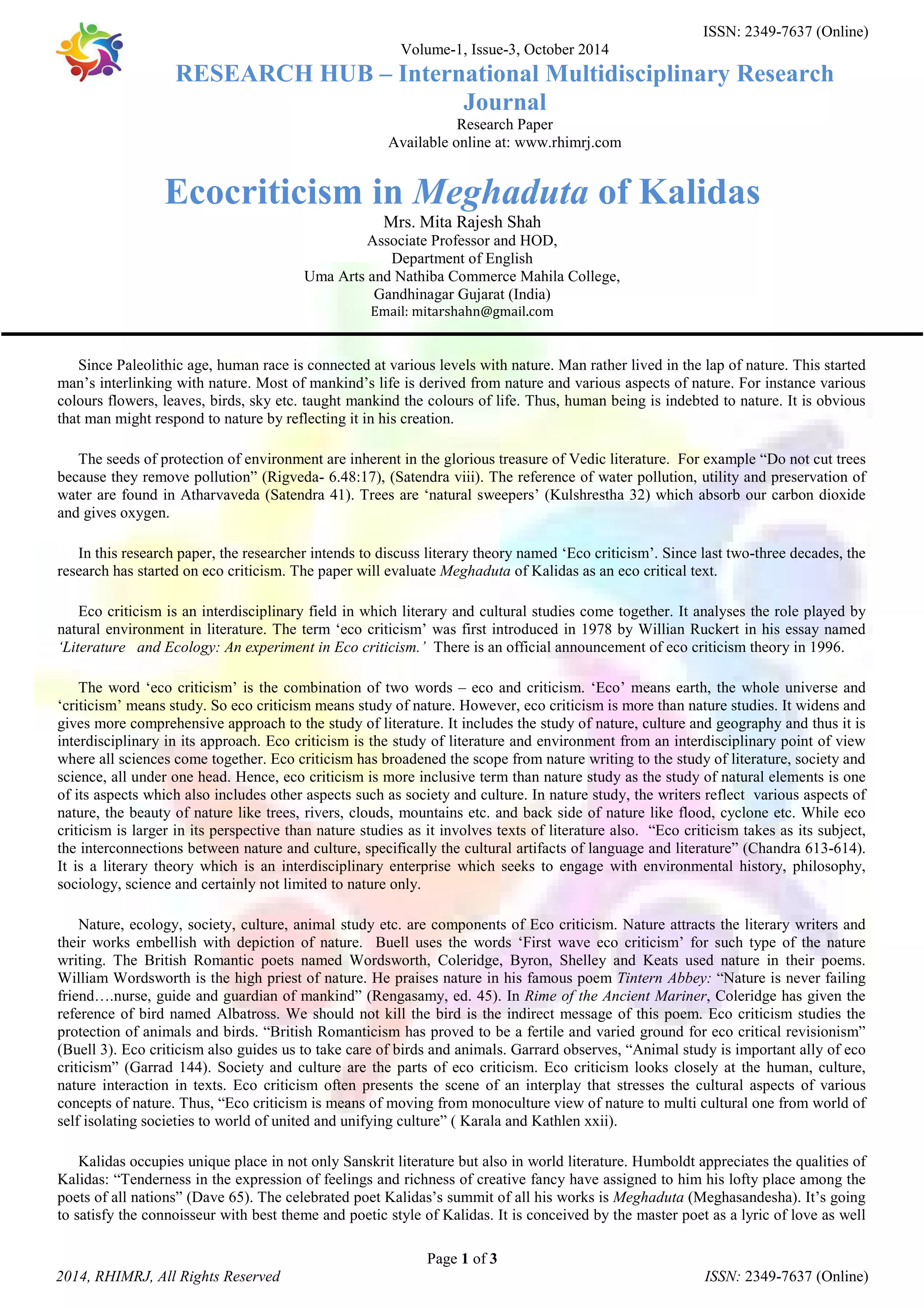 Ecocriticism in Meghaduta of Kalidas | PDF
