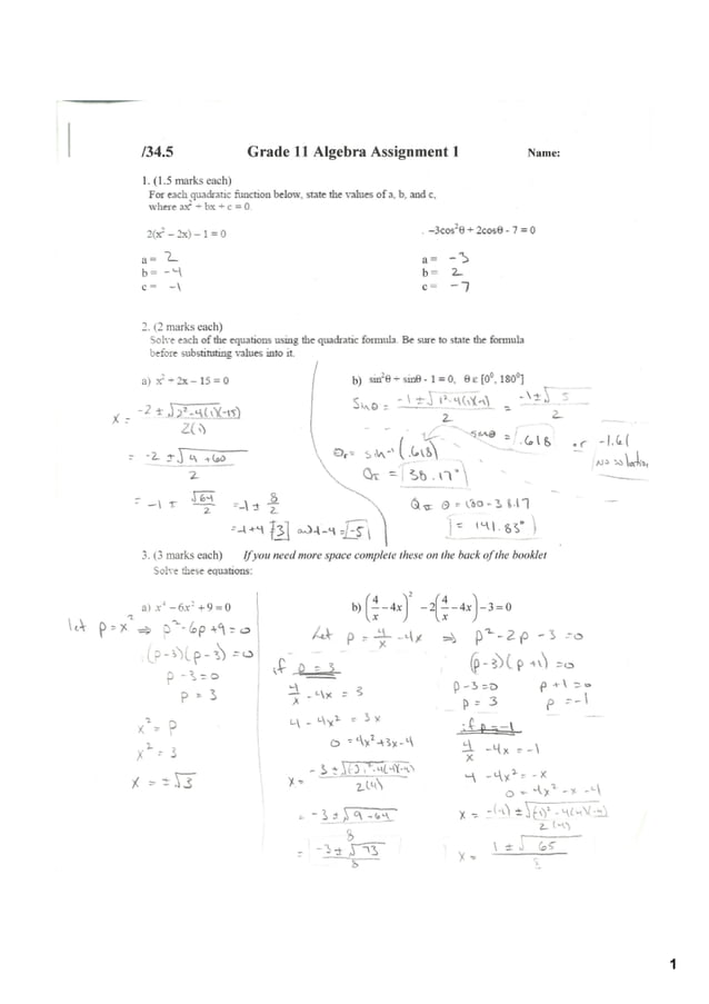 Oct 29 Algebra Assignment 1 Key | PDF