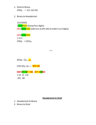 Octal to Hexadecimal and Hexadecimal to Octal | PDF