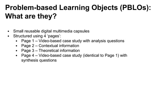Problem-Based Learning Objects, PBLOs, in the Fully Online Learning Community (FOLC) Model | PPTX