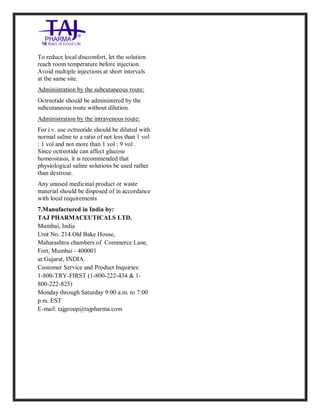 Octreotide Acetate Injection Taj Pharma SmPC | PDF