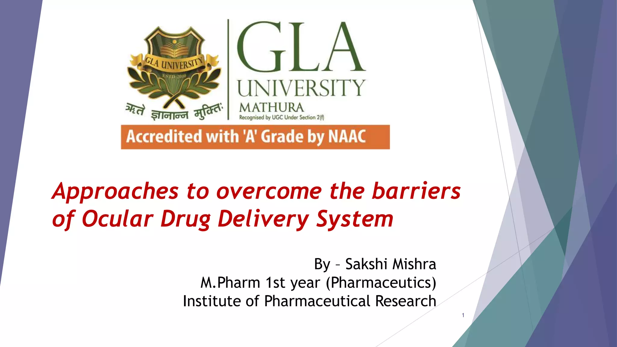 Approaches to overcome the barriers of Ocular drug delivery systems | PPTX
