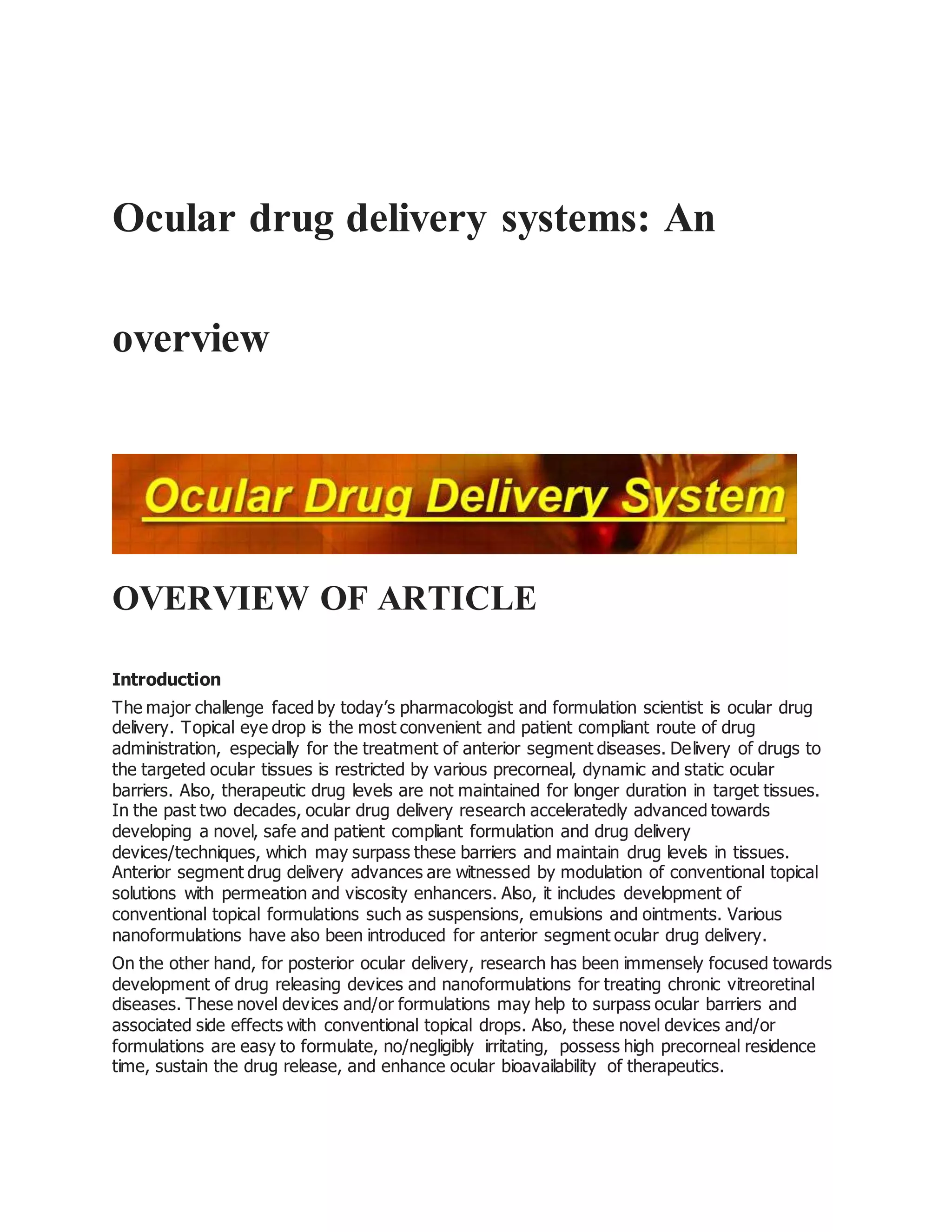 overview of Ocular drug delivery systems | PDF