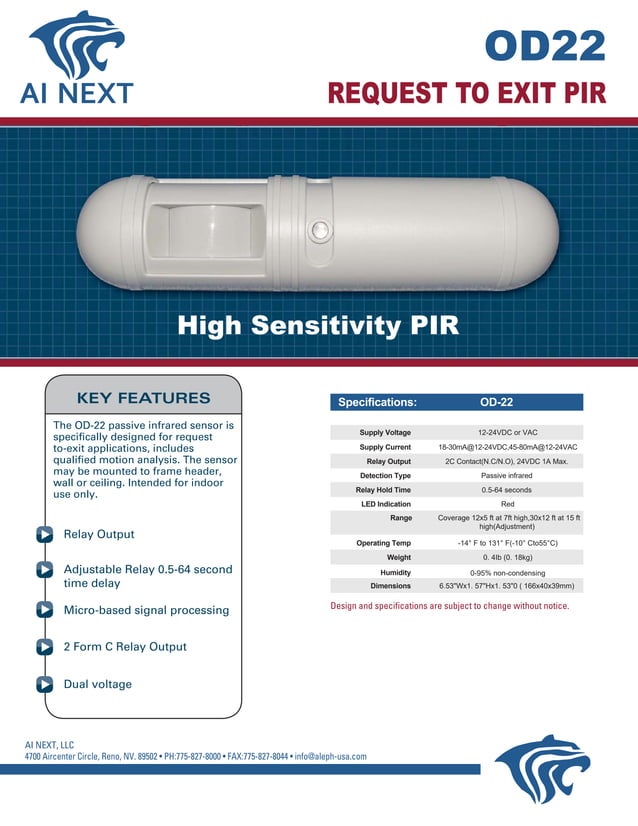 AI Next UL Listed Request To Exit PIR / Model OD-22 | PDF