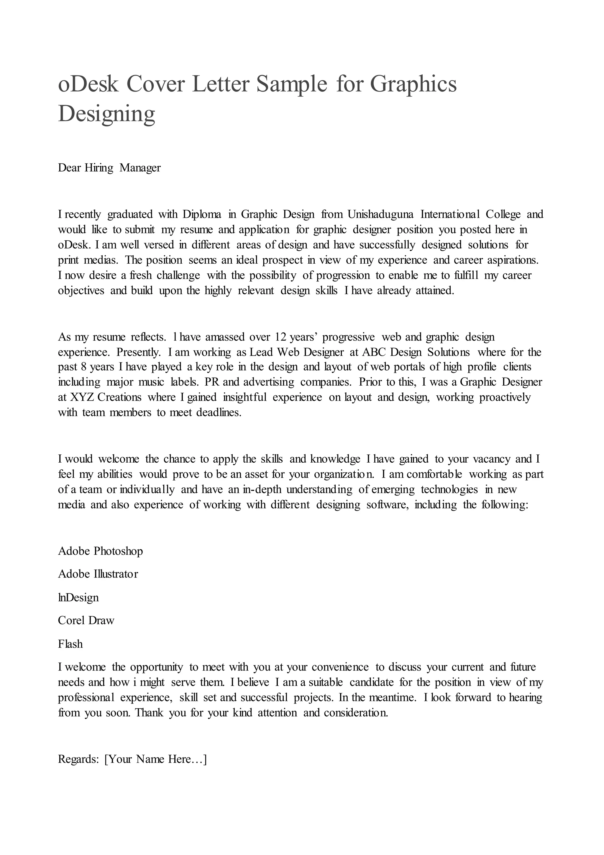 oDesk cover letter sample for graphics designing | PDF