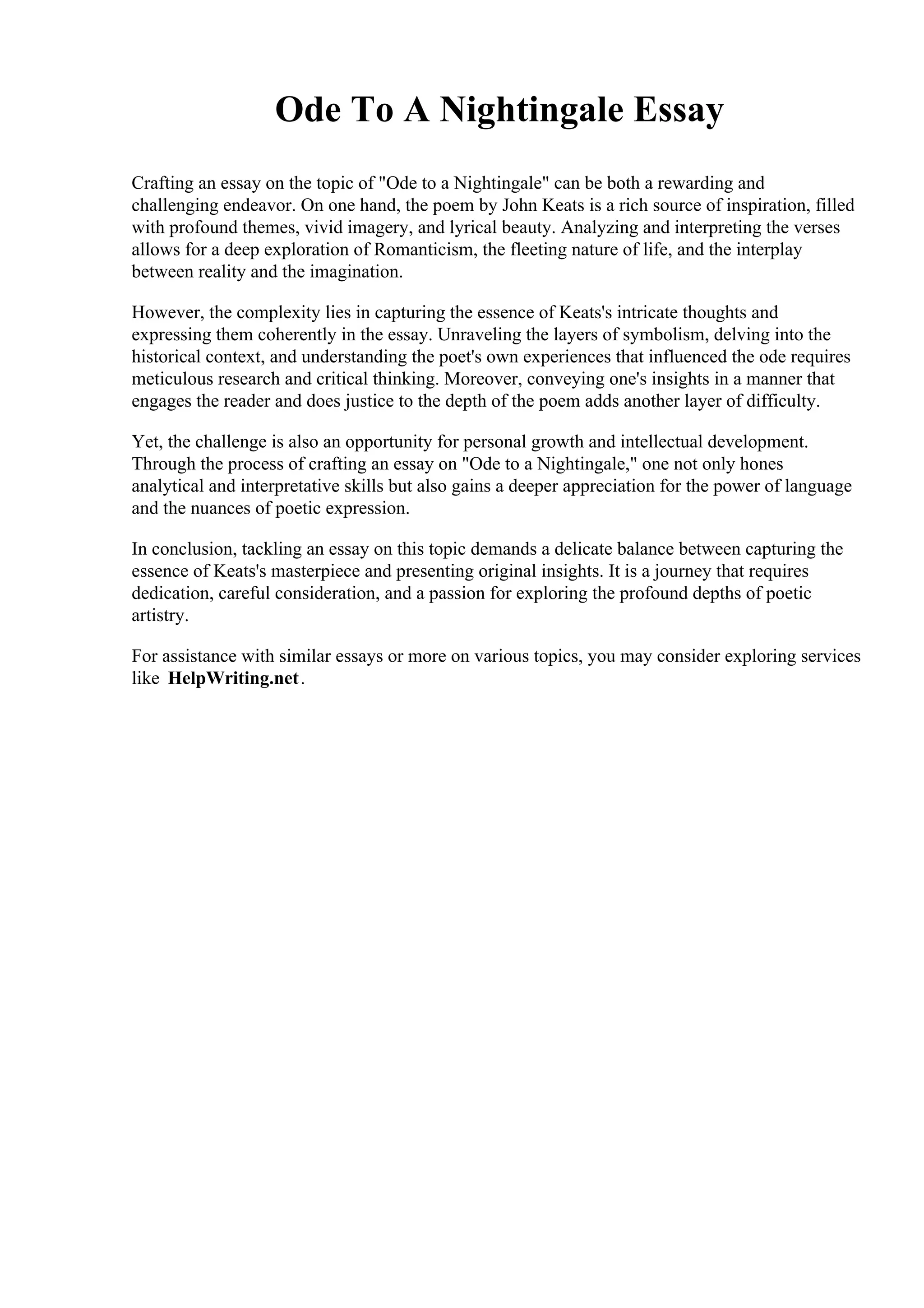 Ode To A Nightingale Essay. Pacific University US | PDF