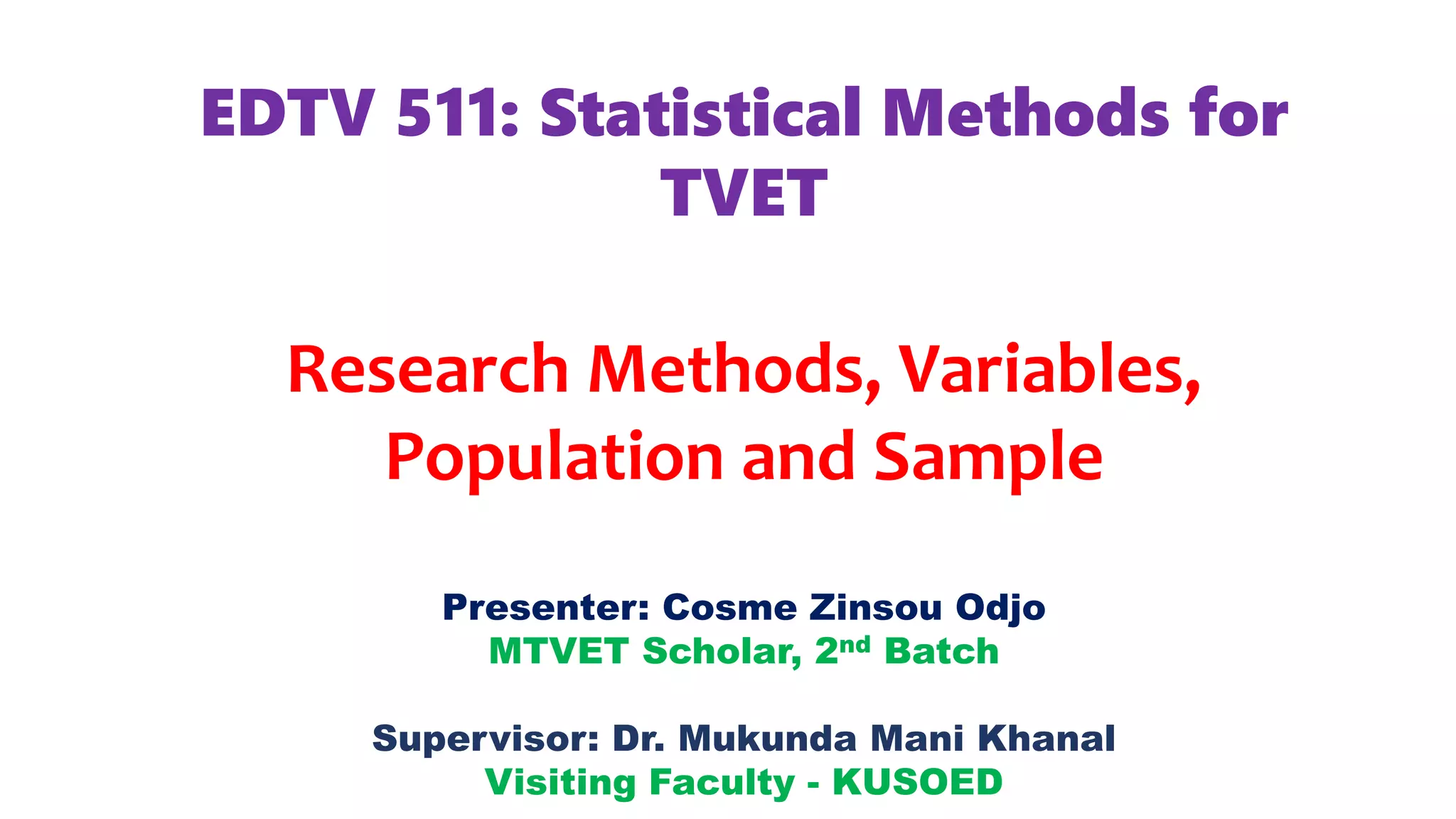 Research Methods Variables Population And Sample By Cosme Zinsou Odjo