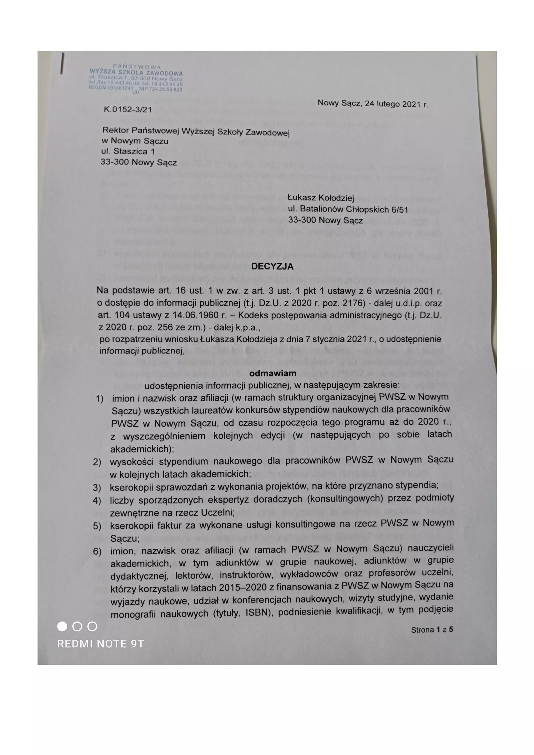 Odmowa decyzji w sprawie wysokosci stypendium naukowego dla pracownikow pwsz | PDF