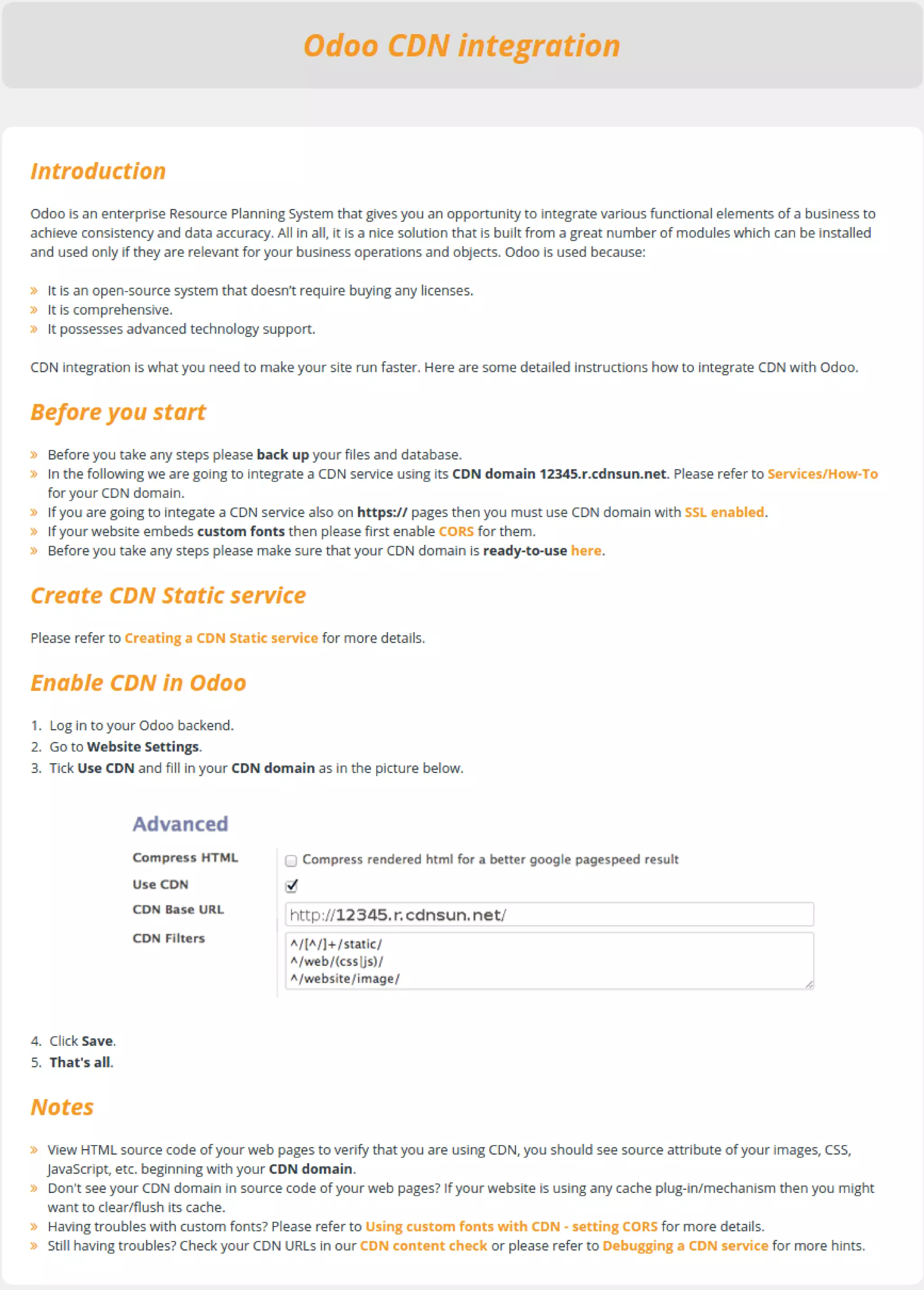 Step by step instructions for setting up Odoo CMS with CDN | PDF