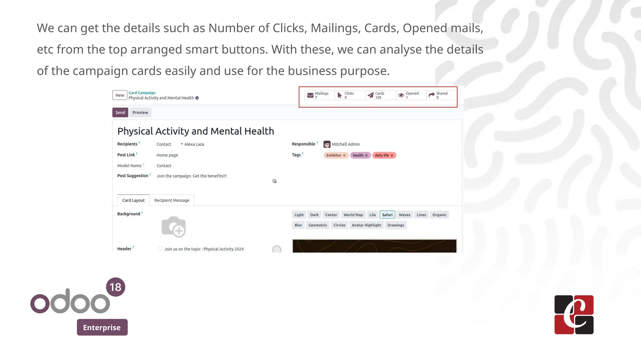 Odoo 18 Marketing Card App - Odoo 18 Slides | PPTX