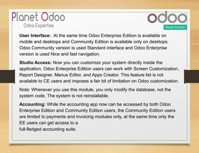 Odoo community vs enterprise | PPTX | Operating Systems | Computer Software and Applications
