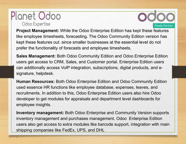 Odoo community vs enterprise | PPTX | Operating Systems | Computer Software and Applications