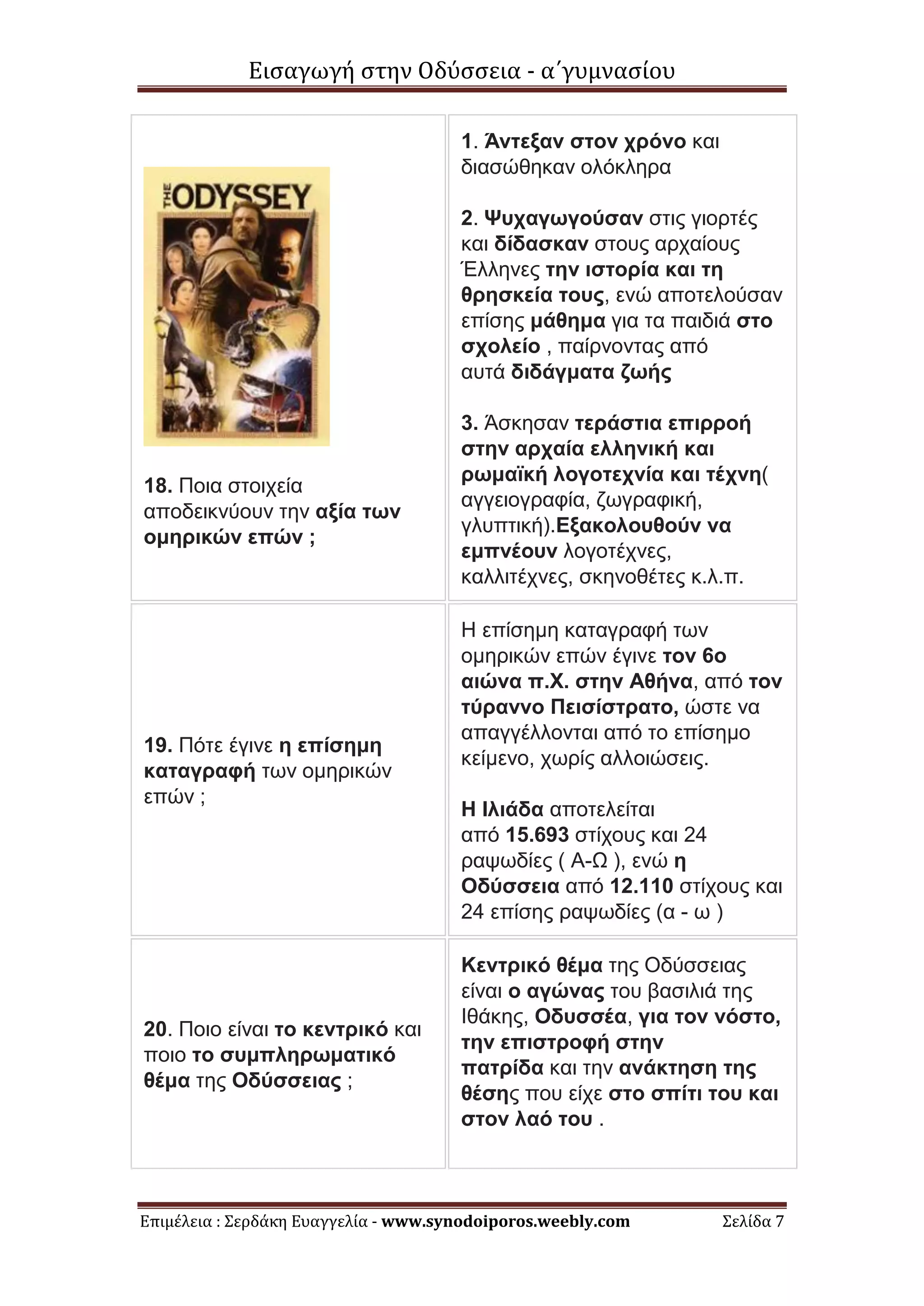 Εισαγωγή στην Οδύσσεια της α΄γυμνασίου με 21 ερωτήσεις και απαντήσεις | PDF