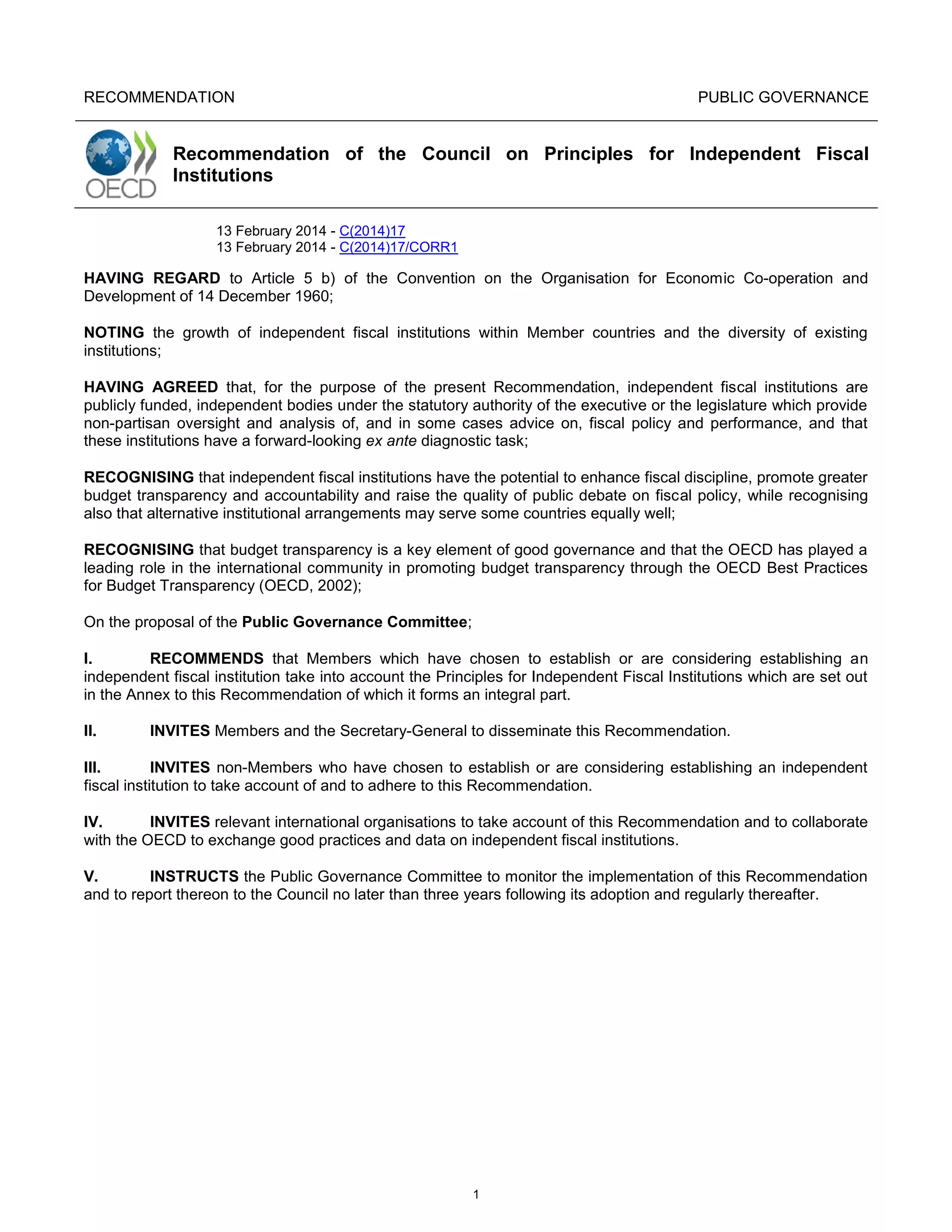 OECD Recommendation on Principles for Independent Fiscal Institutions | PDF