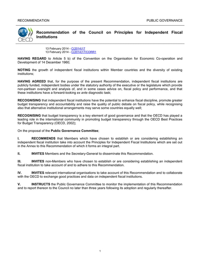OECD Recommendation on Principles for Independent Fiscal Institutions | PDF