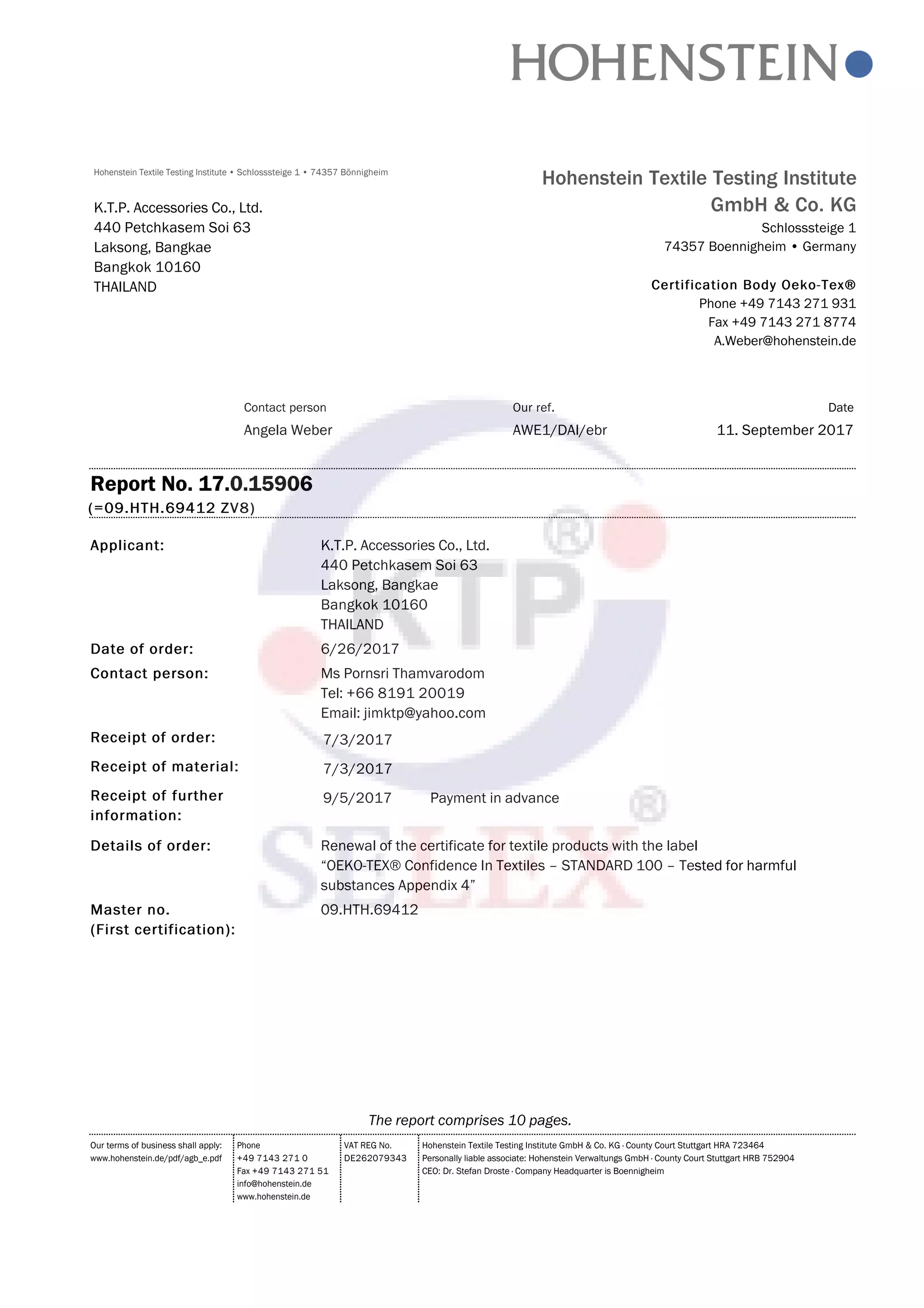 K.T.P. Oeko-Tex test report | PDF