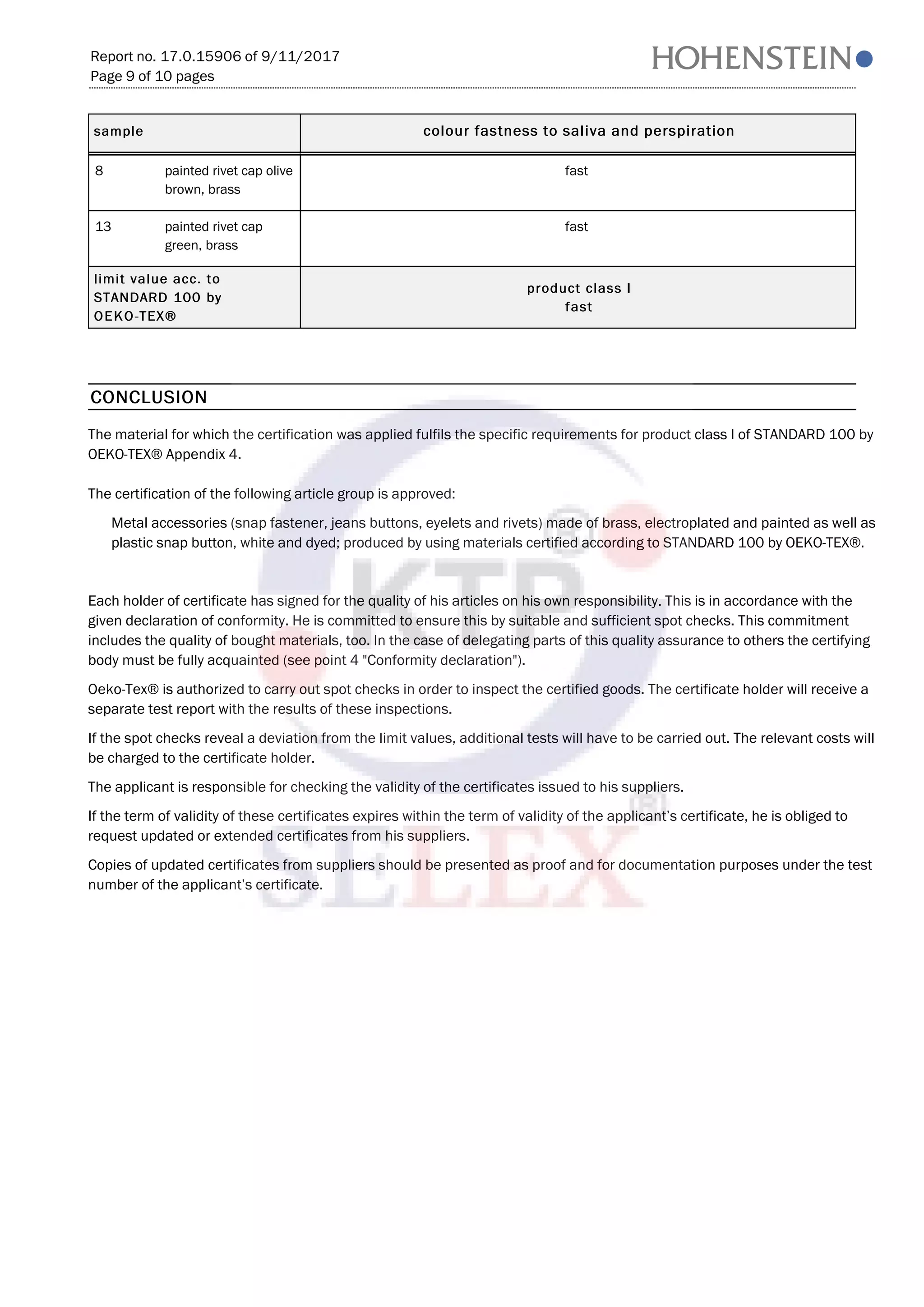 K.T.P. Oeko-Tex test report | PDF