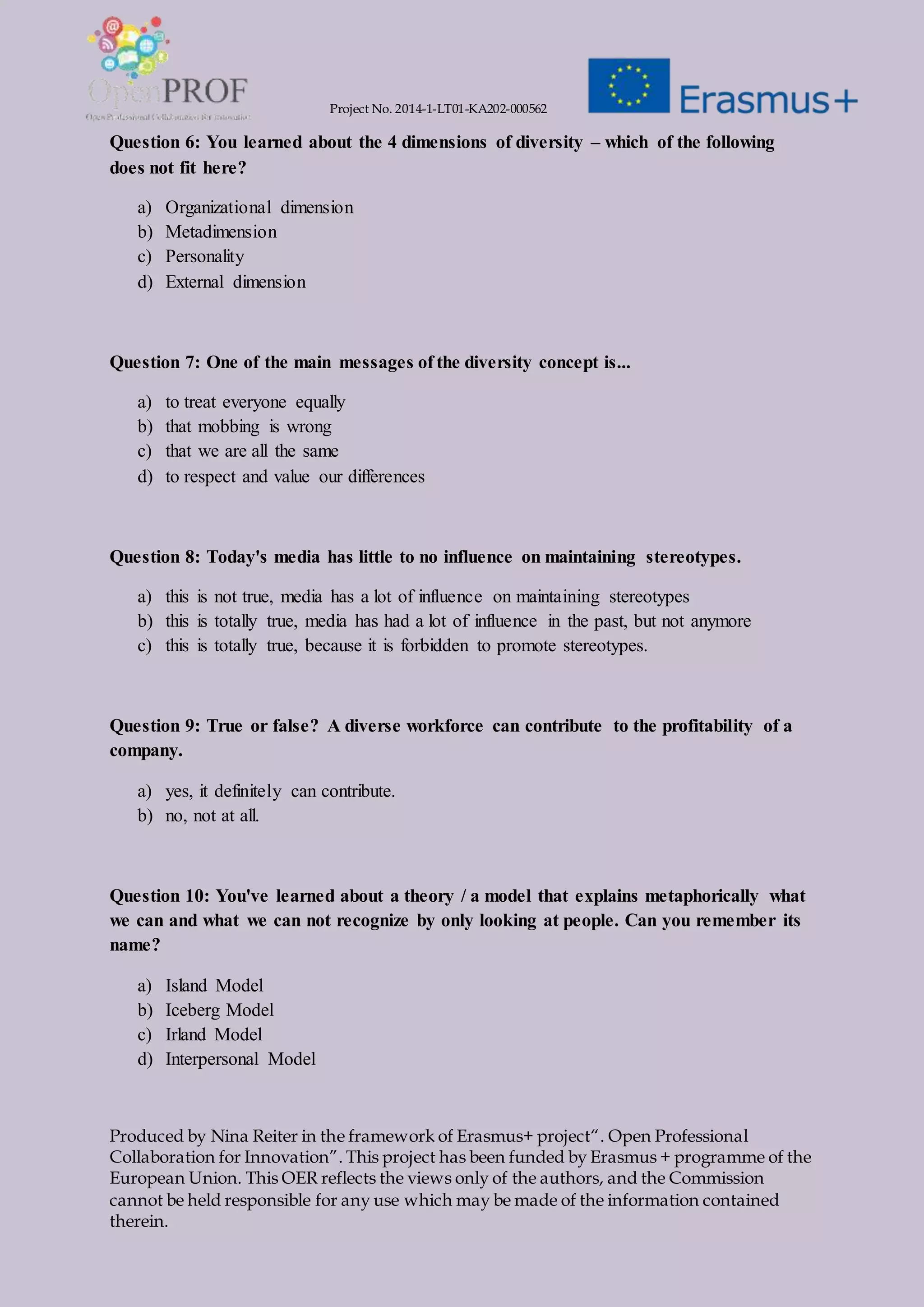 OER2_quiz on diversity training | DOCX | Education