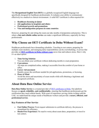 OET Certificate in Doha Without Exam by Data Base Online Service | PDF